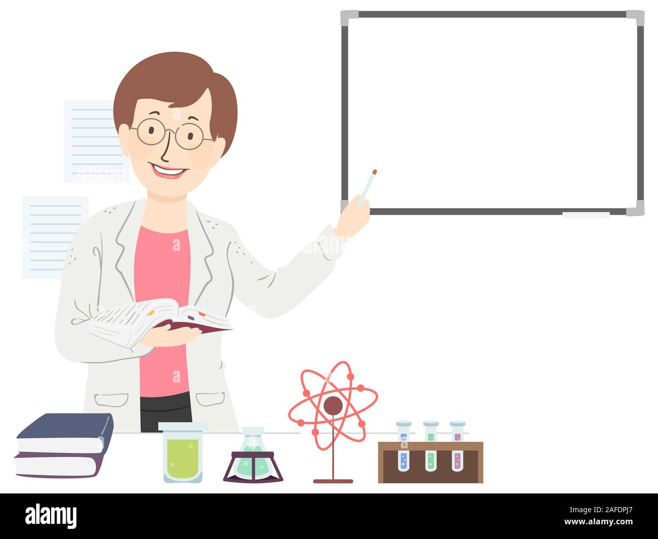 Illustration of a Girl Teacher Holding a Book with Science Elements on ...