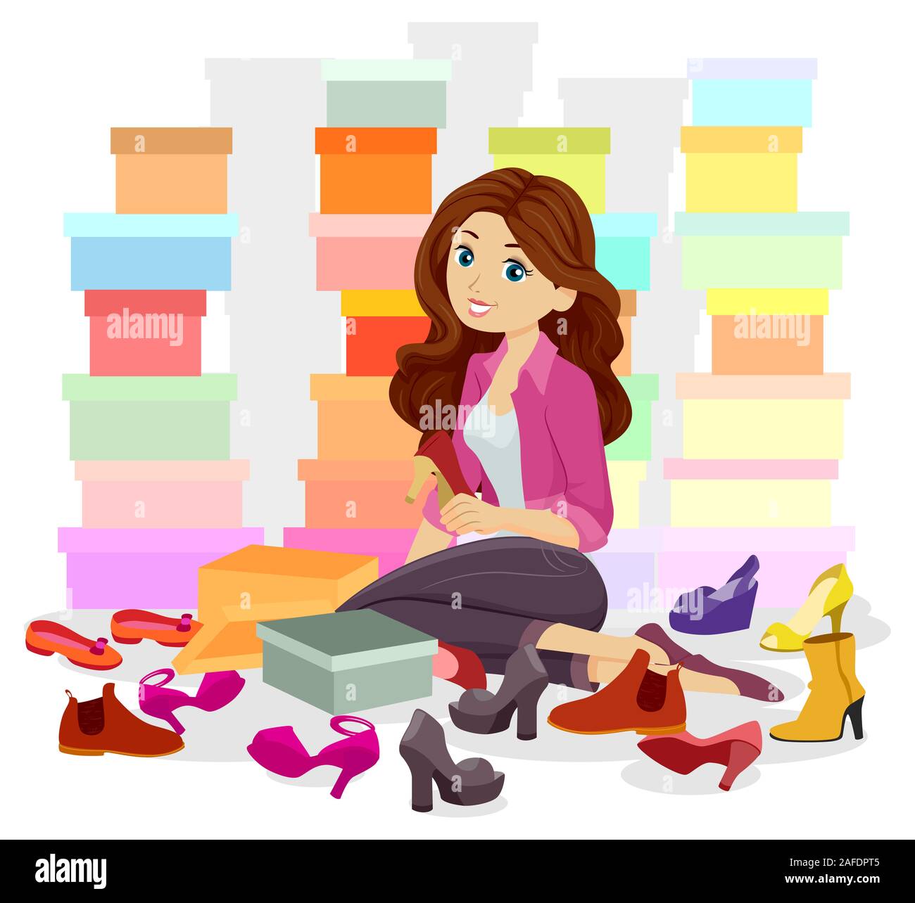 Illustration of a Teenage Girl Sorting Her Shoes with Stacks of Shoe ...