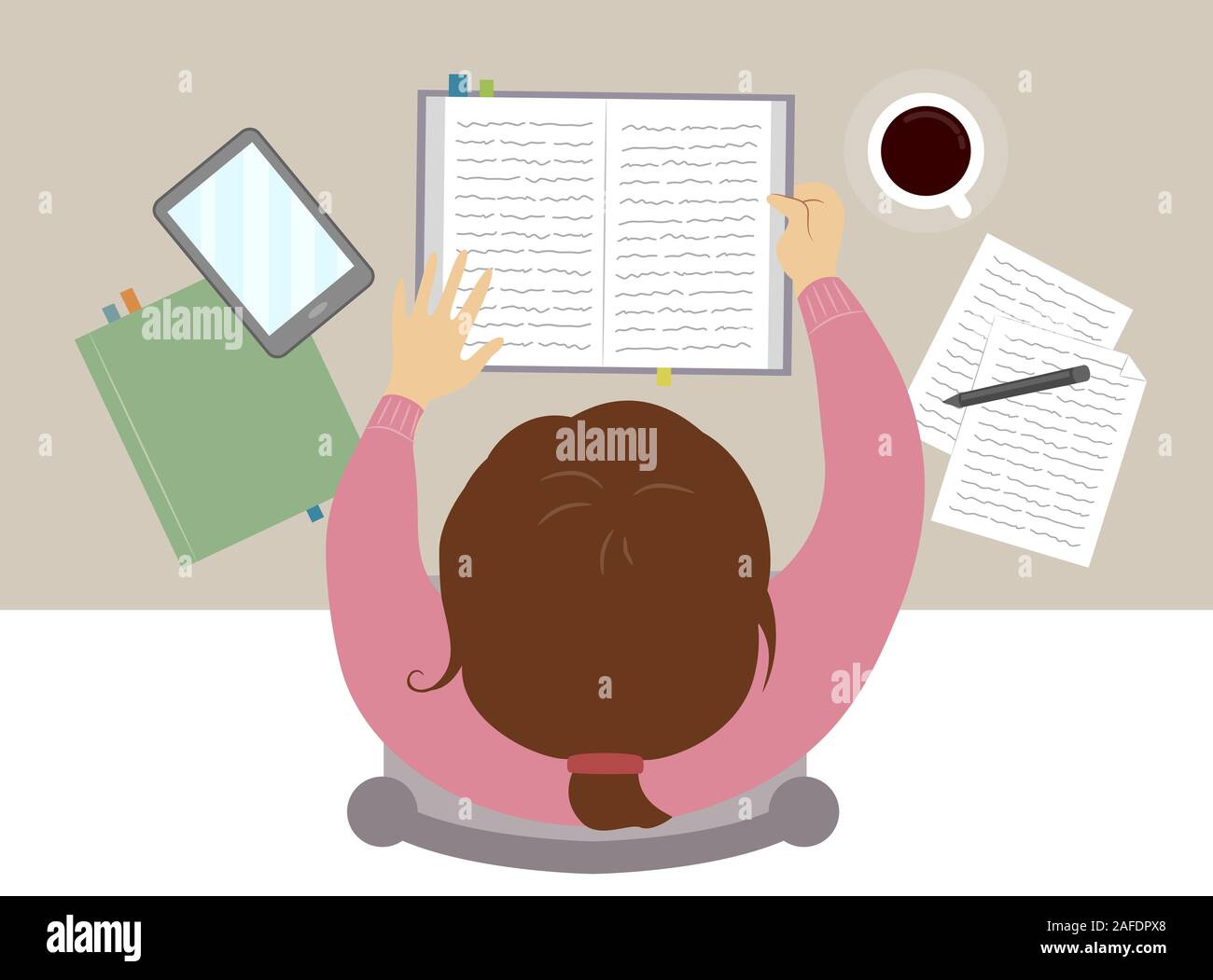 Top View Illustration of a Teenage Girl Reading a Book, Taking Notes ...