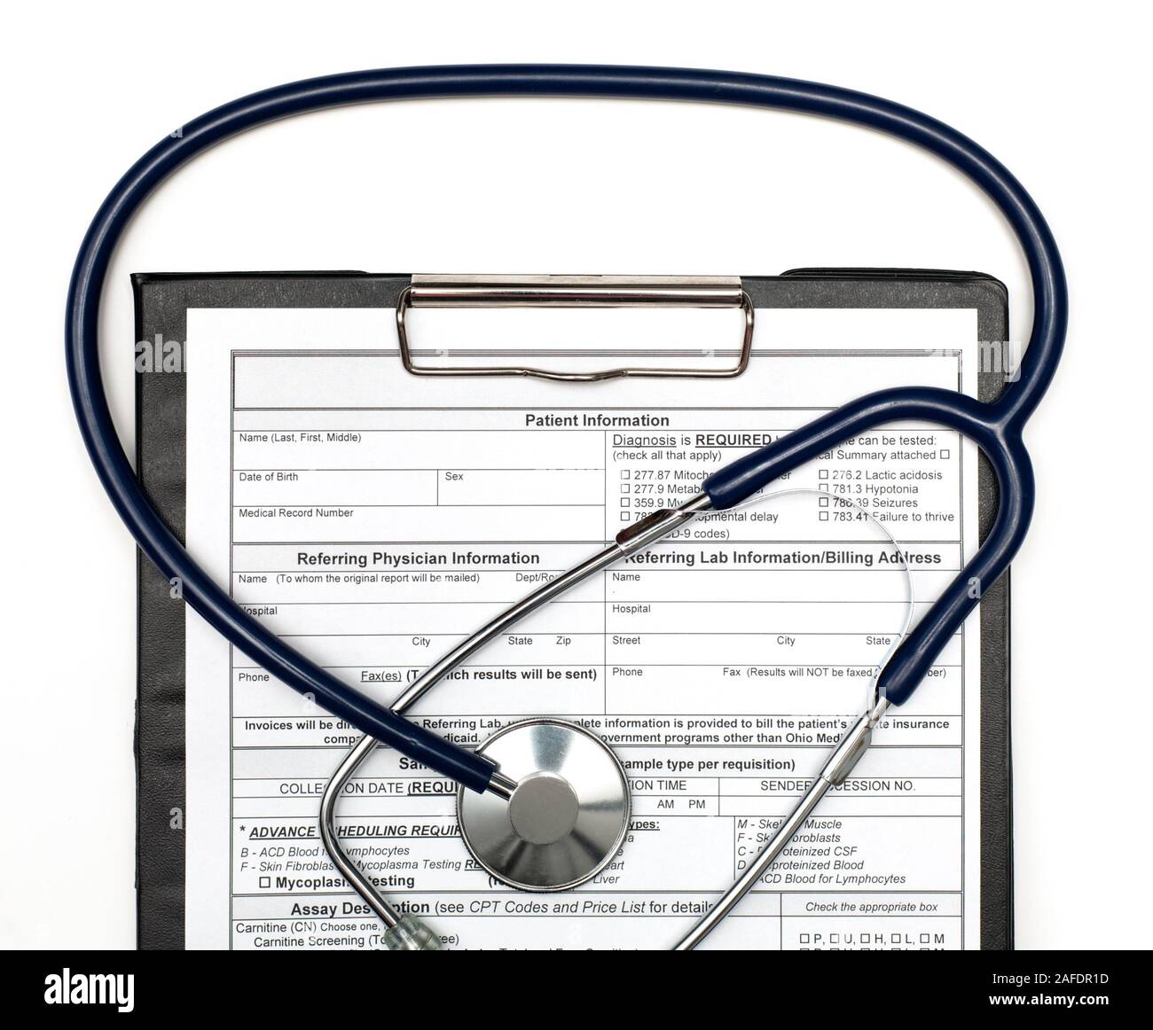 Blank Patient information on clipboard with stethoscope on white ...