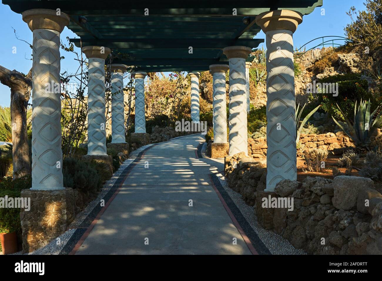 colonnade in the Kalithea thermal baths on the Greek island of Rhodes ...