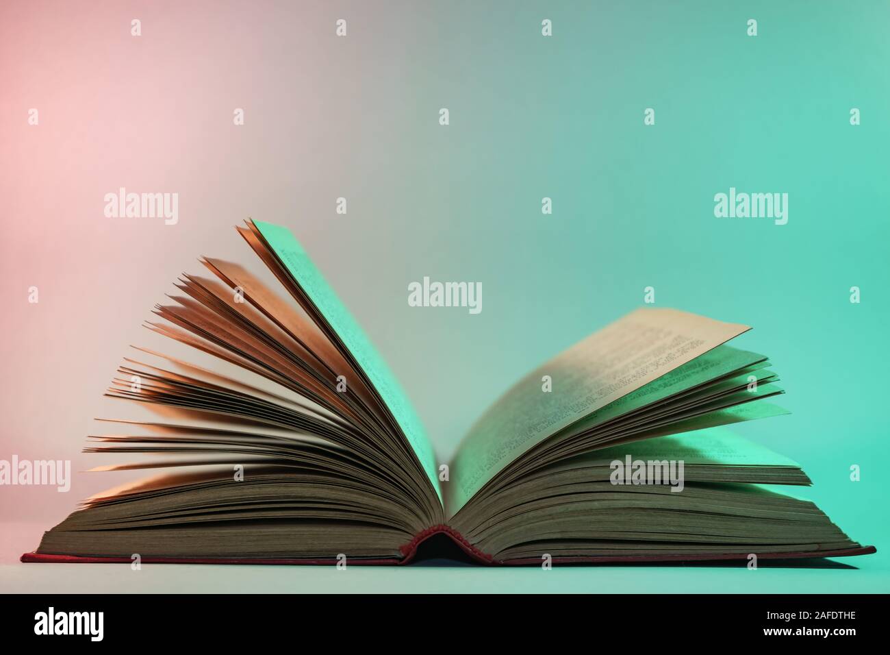 Beautiful open old book pages in neon light. Minimalism retro style ...