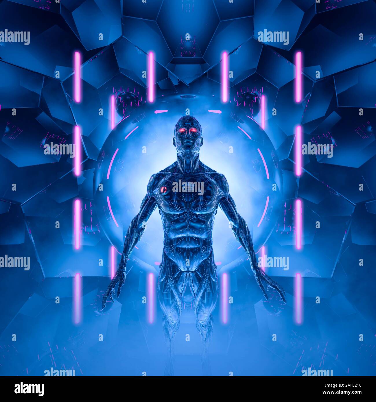 Prisoner of the digital realm / 3D illustration of metallic science ...