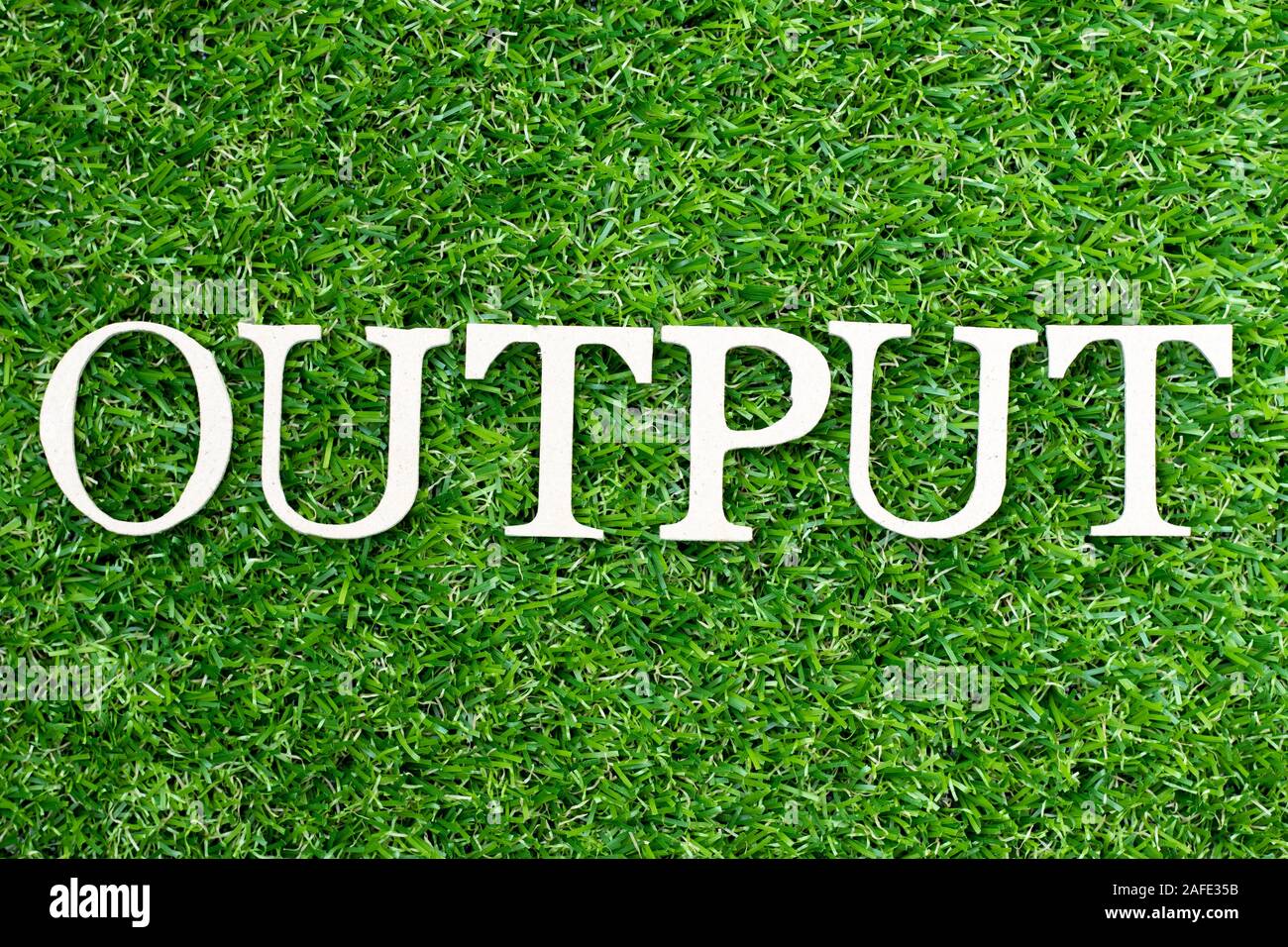 Wood alphabet letter in word output on green grass background Stock ...