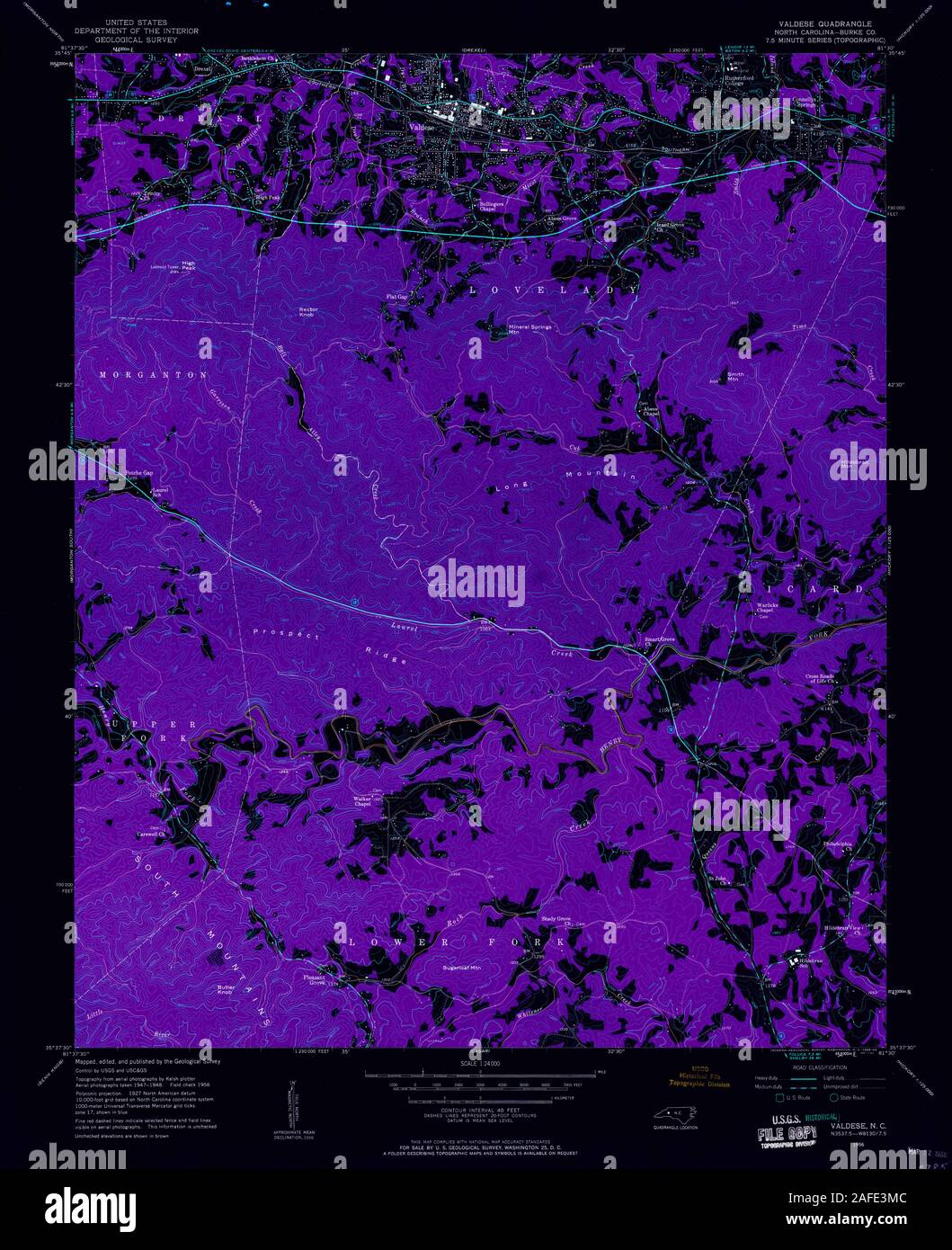 USGS TOPO Map North Carolina NC Valdese 164945 1956 24000 Inverted ...