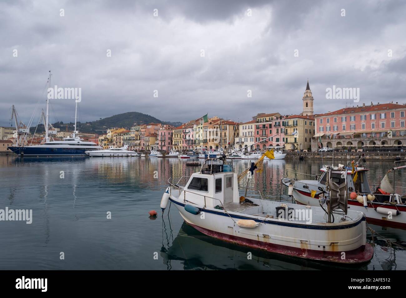 Ancient harbour with fishing boats of Imperia Oneglia, Italy Stock ...