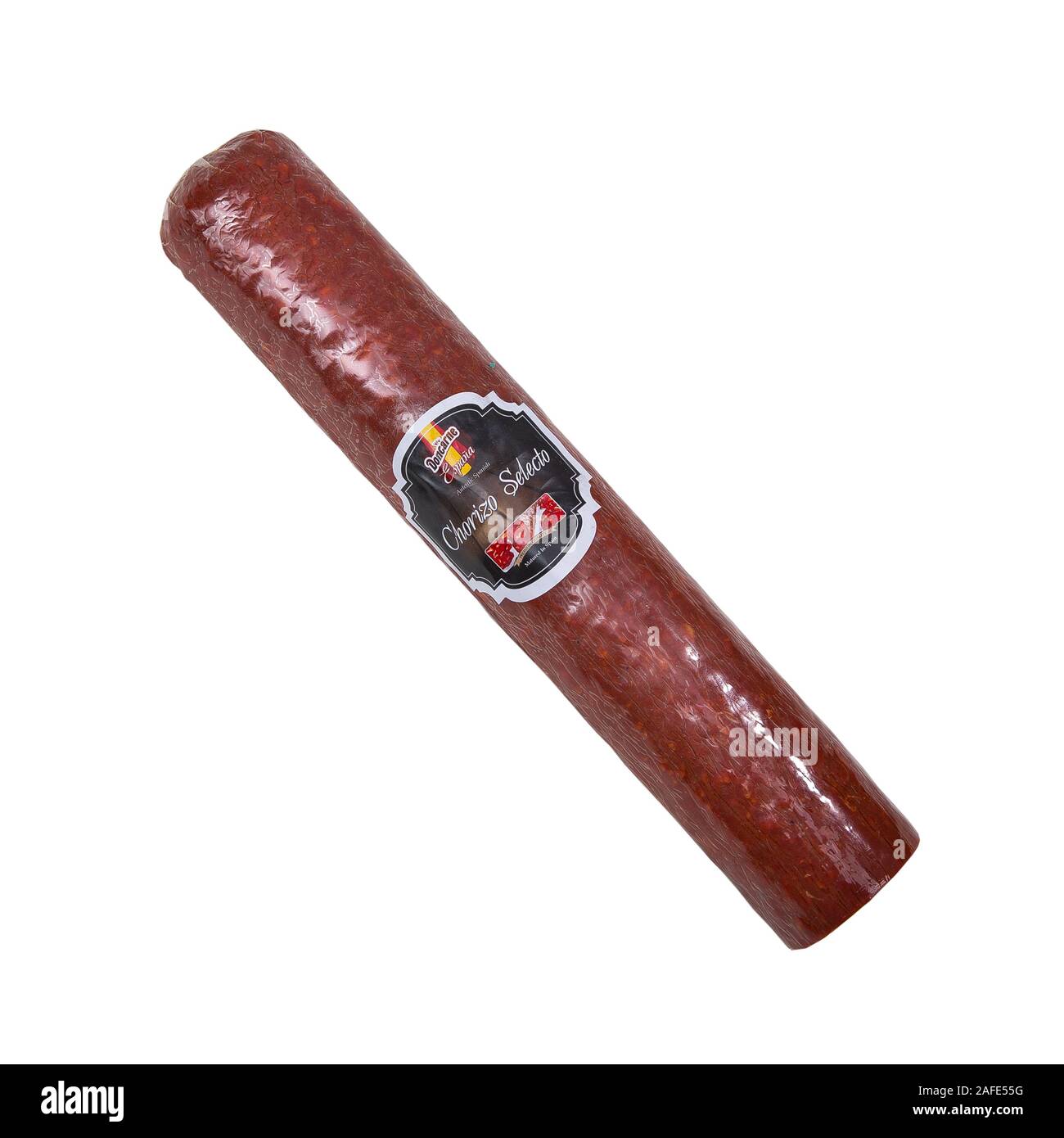 Sausage loaf. Dry salami sausage stick isolated on white. Italian ...