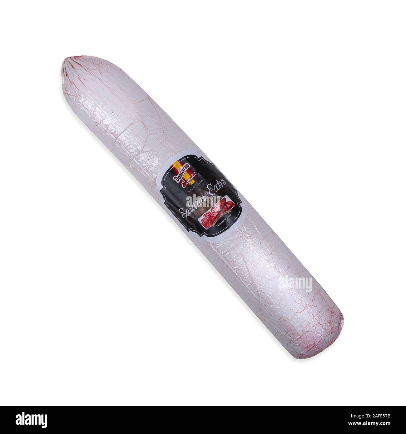 Sausage loaf. Dry salami sausage stick isolated on white. Italian ...
