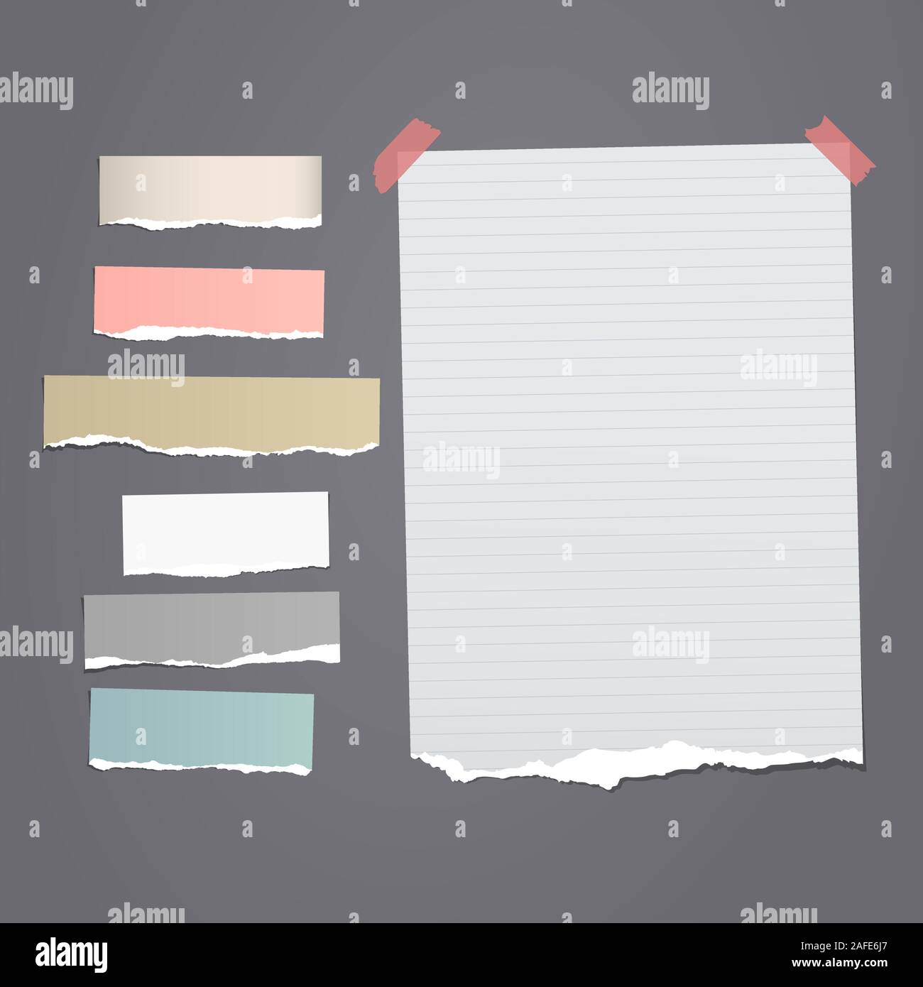 Set of torn white and colorful note, notebook paper pieces stuck on ...