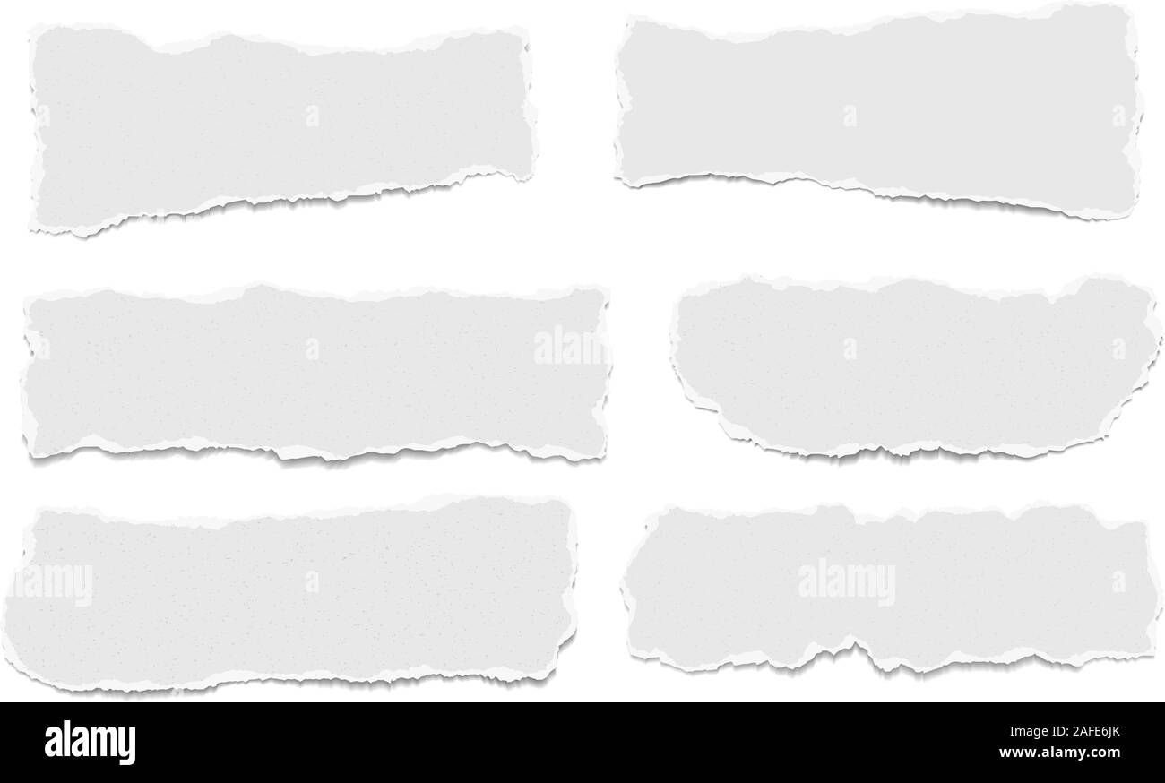 Set of torn white note, notebook paper pieces stuck on white background ...