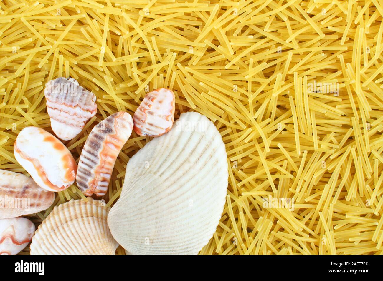 background with seashells and raw italian pasta vermicelli Stock Photo - Alamy