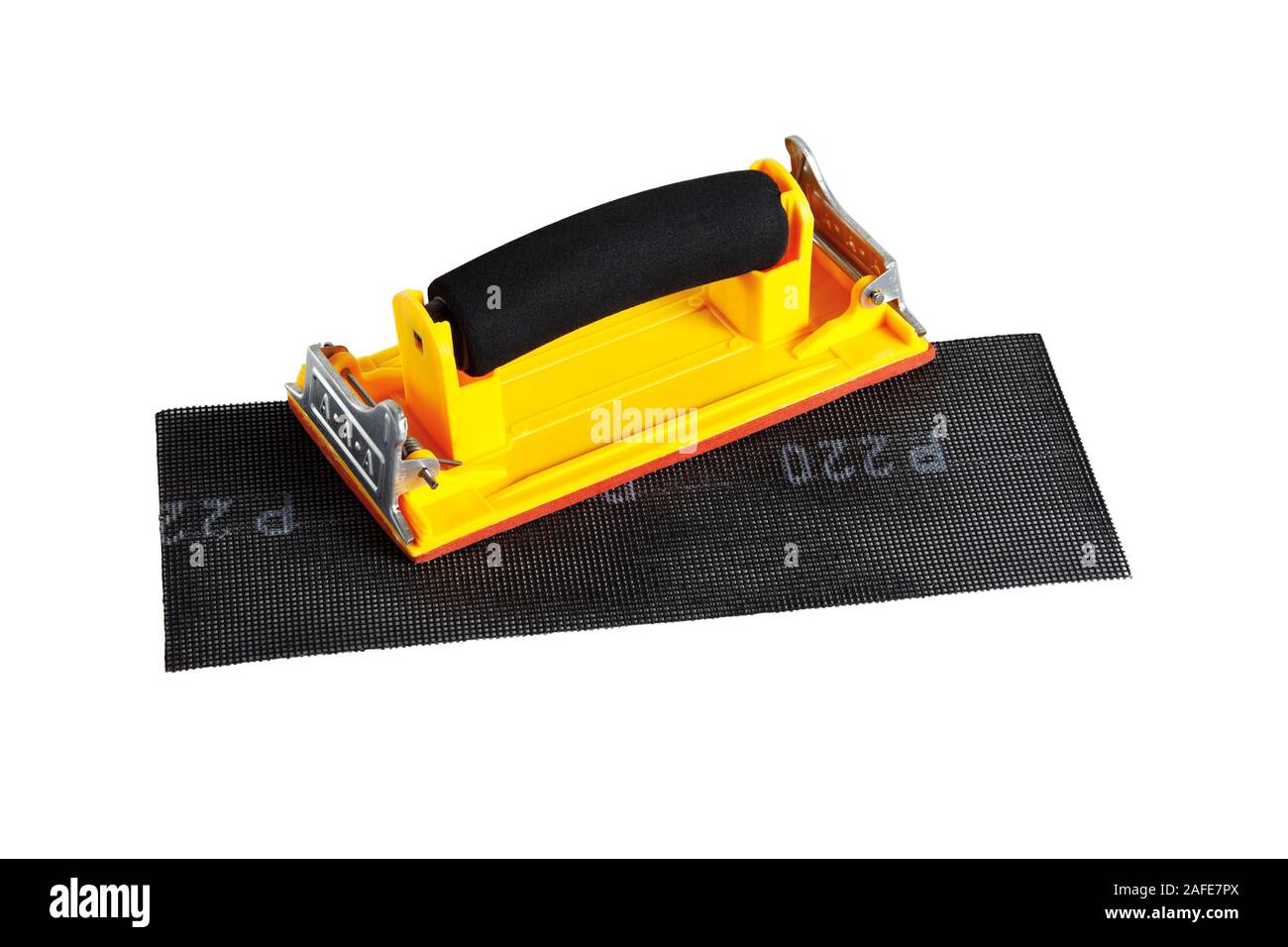 Construction grater plastic yellow for plaster. Close-up. Isolated over ...