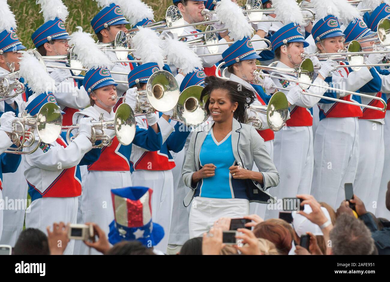 Wearing a patriotic outfit America's first Lady Michelle Obama ...