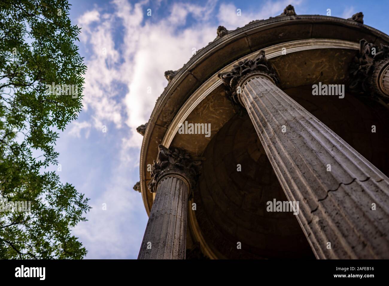 Temple of the Sybil in Buttes Chaumont Park seen from bellow with no ...
