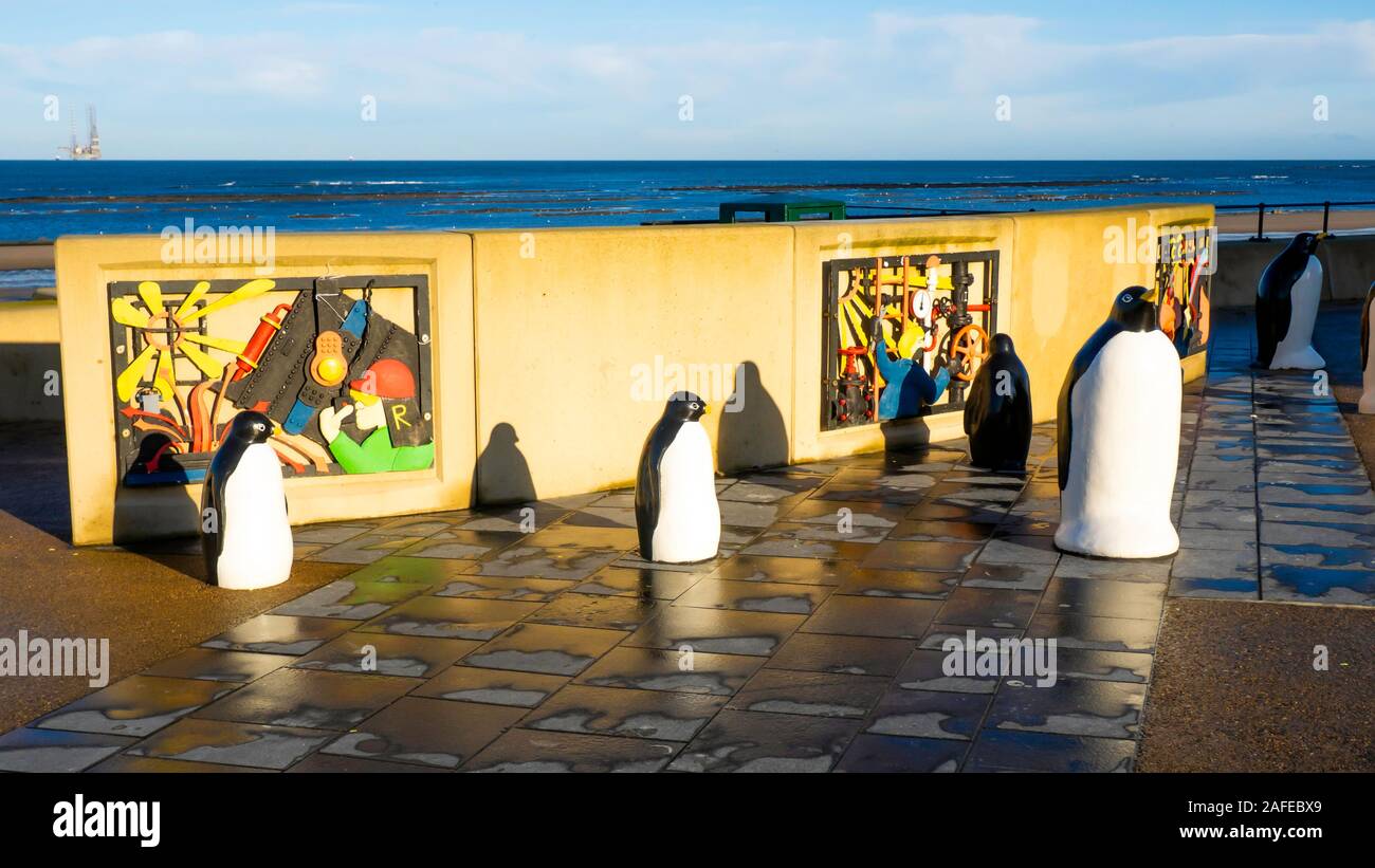 Ornamental statues of penguins on seaside promenade at Redcar Cleveland ...