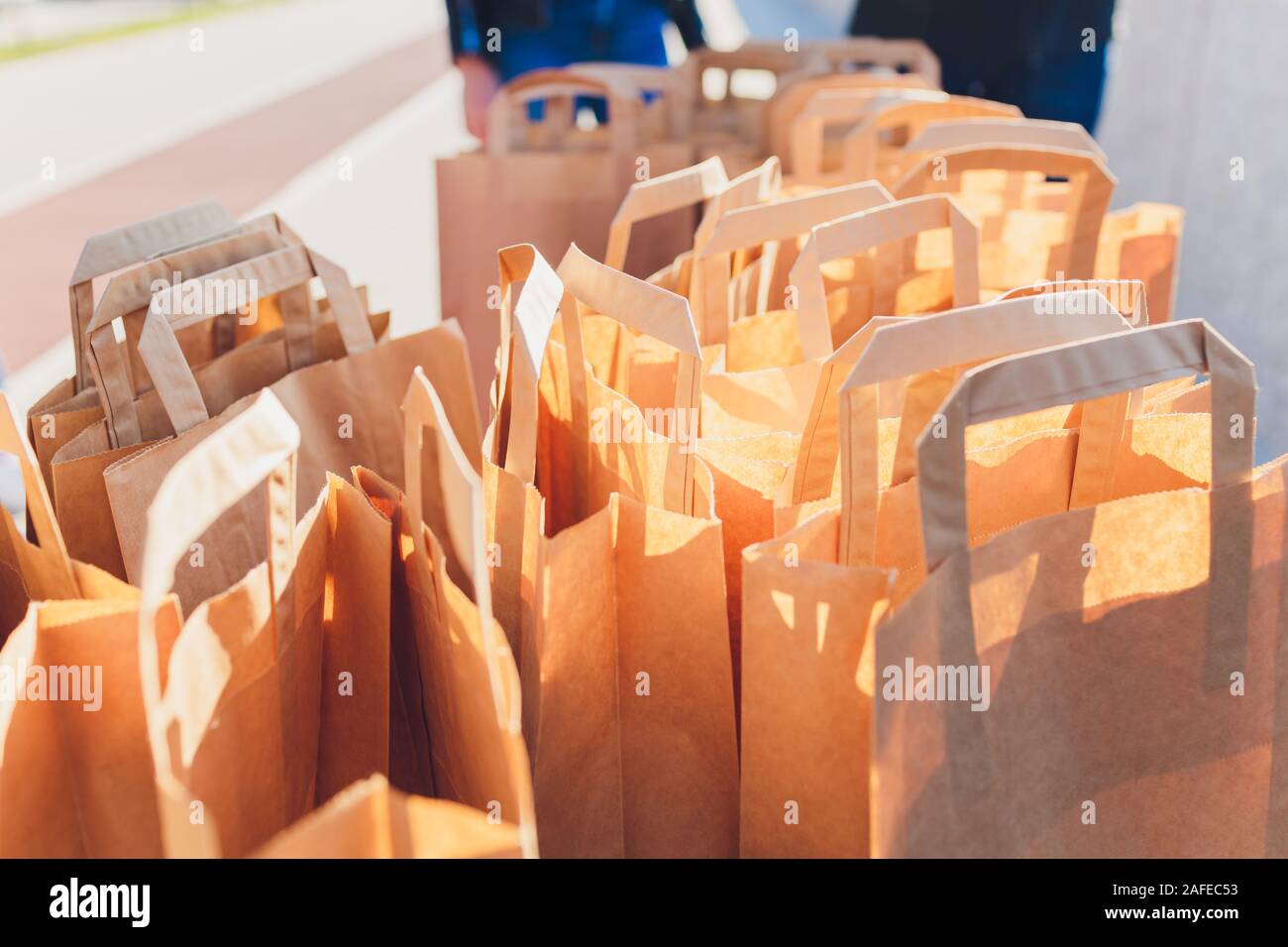 Close up brown clear empty blank craft paper bag for takeaway isolated ...