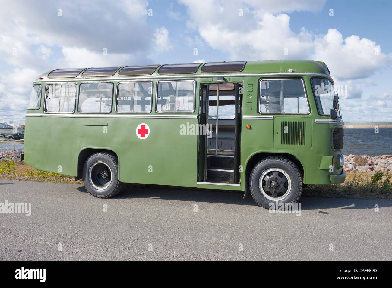 KRONSTADT-SEPTEMBER 14, 2019: Soviet military ambulance bus PAZ-672M ...