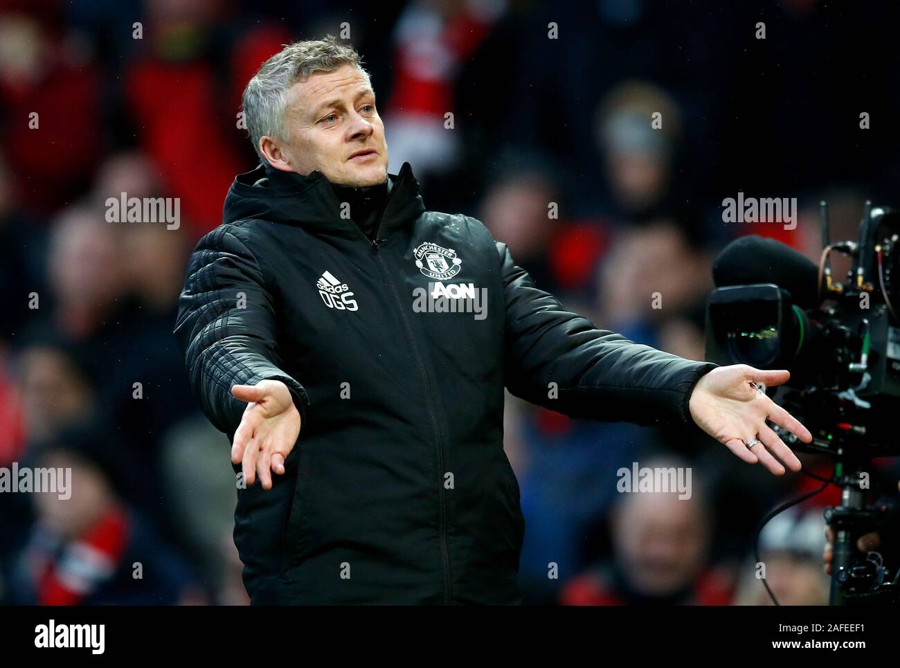 Manchester United manager Ole Gunnar Solskjaer revs up the crowd after ...