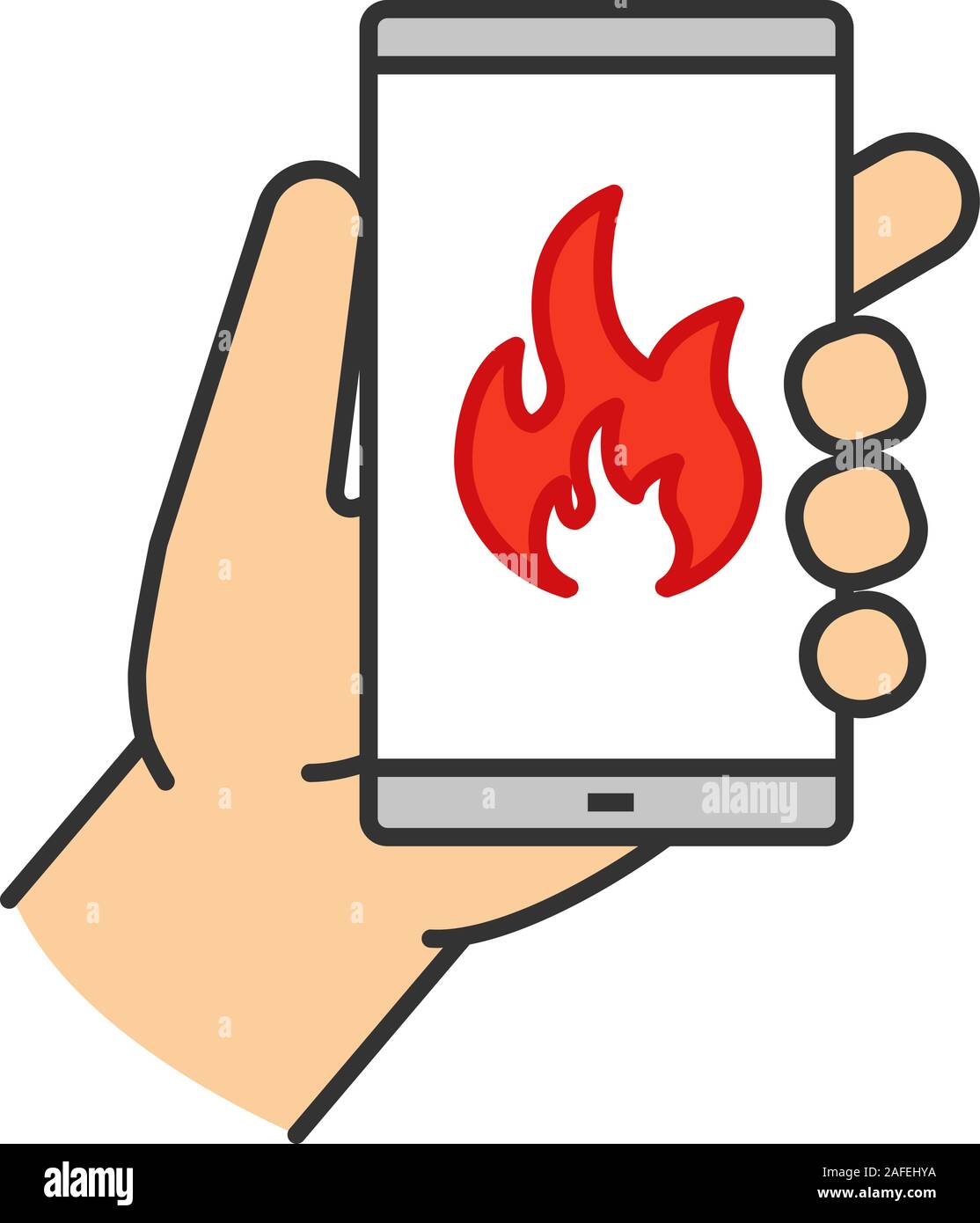 Fire emergency calling color icon. Hand holding smartphone with flame ...