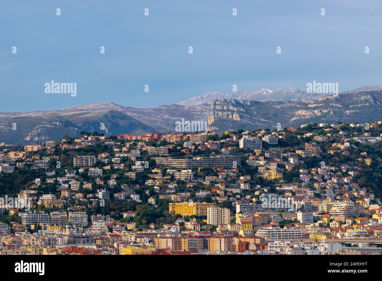Landscape view of Nice city buildings and the mountain during clear and ...