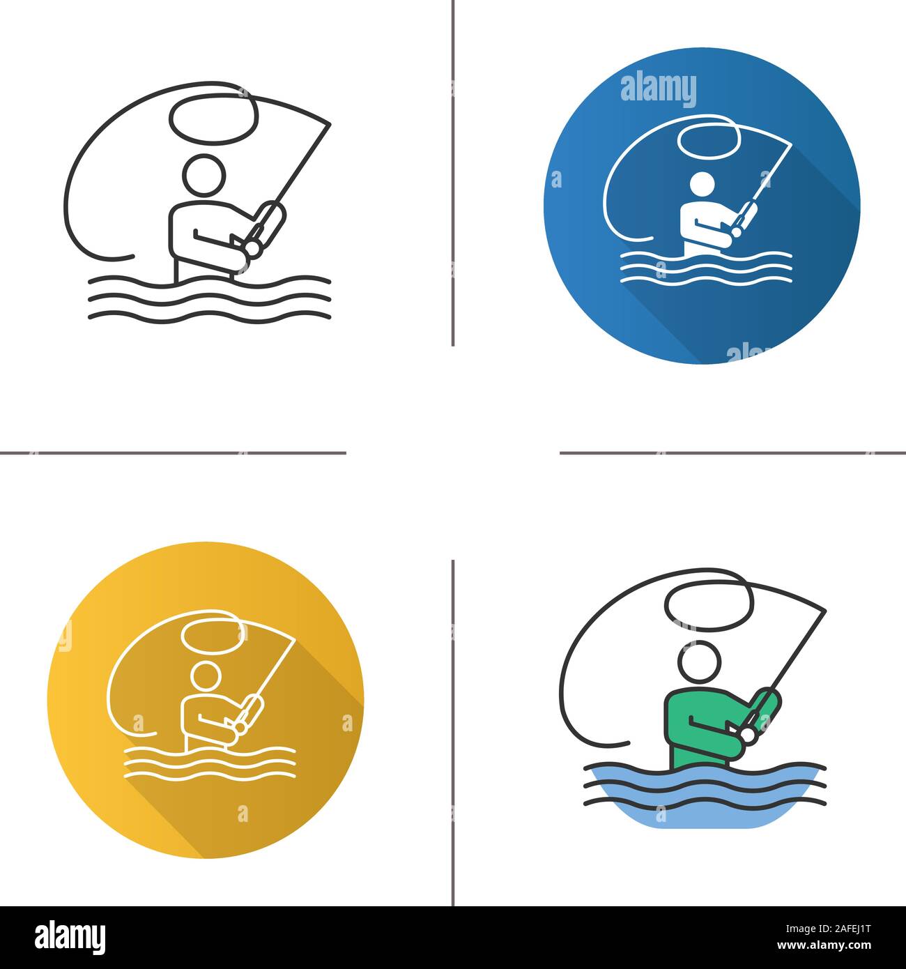 Fly fishing icon. Flat design, linear and color styles. Fisherman. Man ...