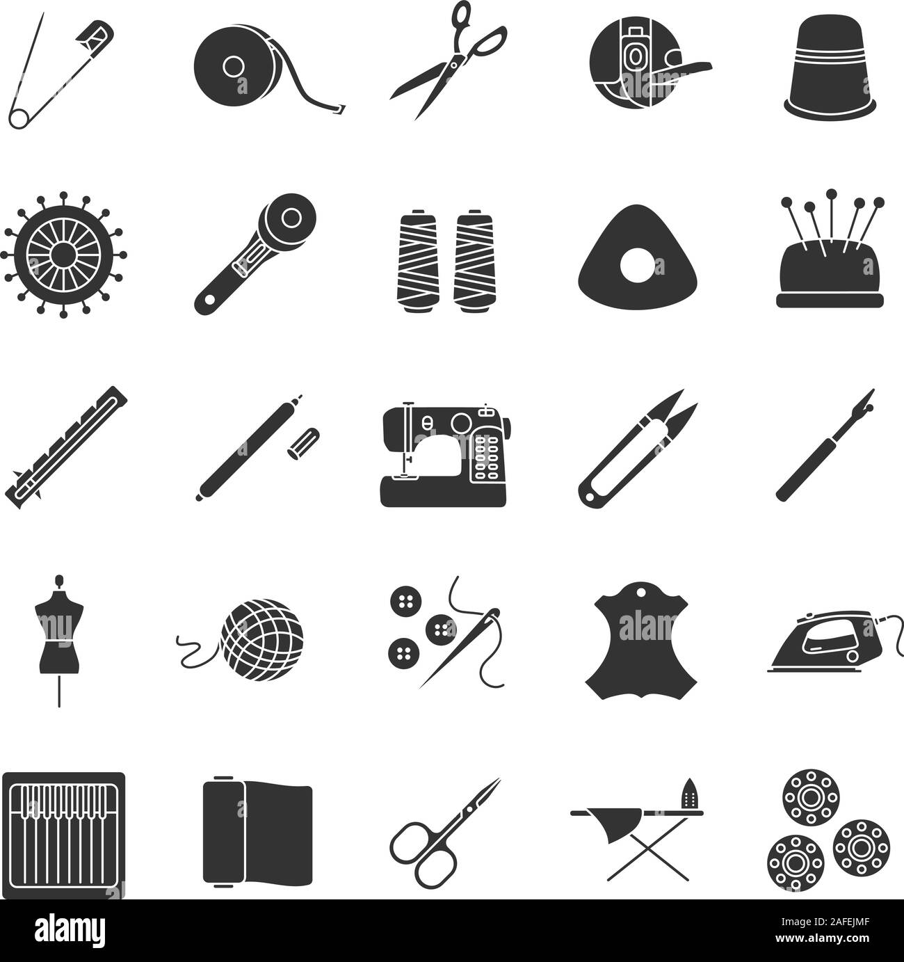 Tailoring glyph icons set. Sewing. Needles, pins, threads, fabrics ...