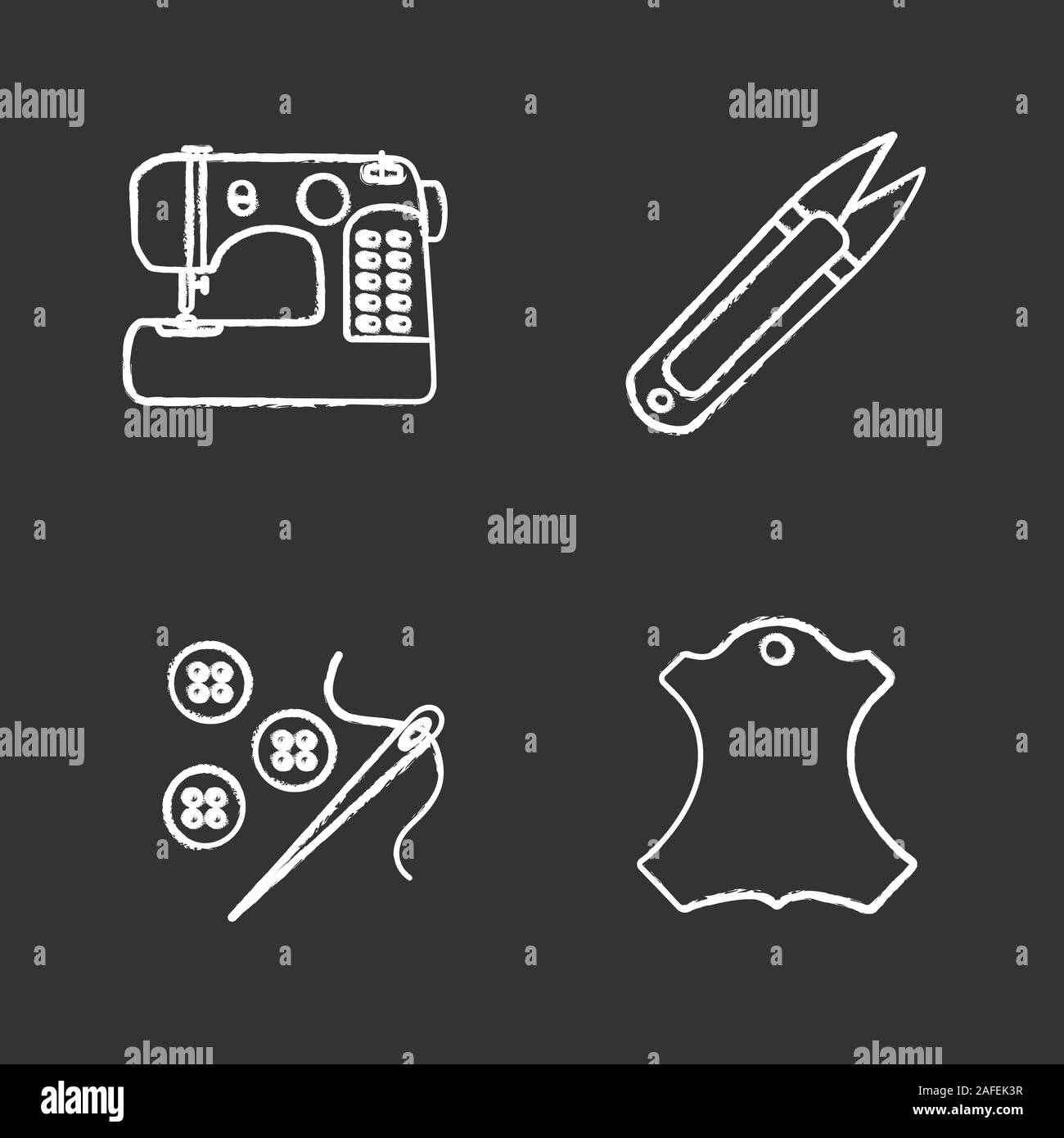 Tailoring chalk icons set. Sewing machine, thread cutter, needle and ...