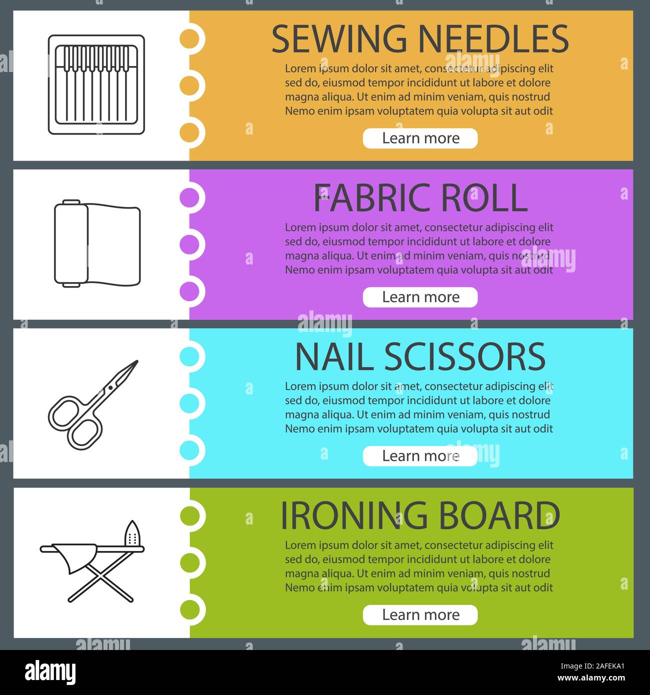 Tailoring web banner templates set. Sewing needles, fabric roll, nail ...