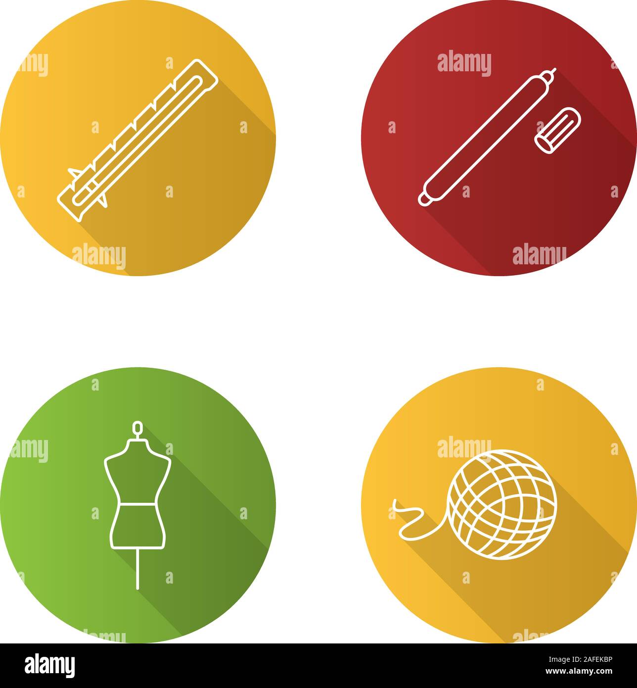 Tailoring flat linear long shadow icons set. Sewing gauge, fabric ...