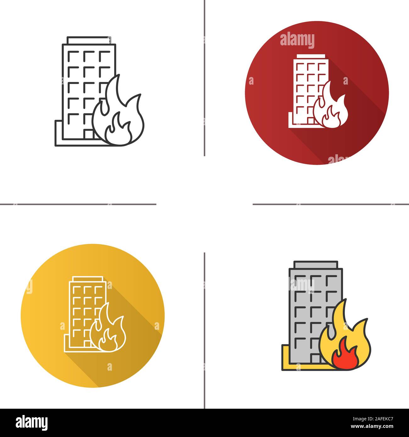 Burning building icon. Flat design, linear and color styles. House on ...