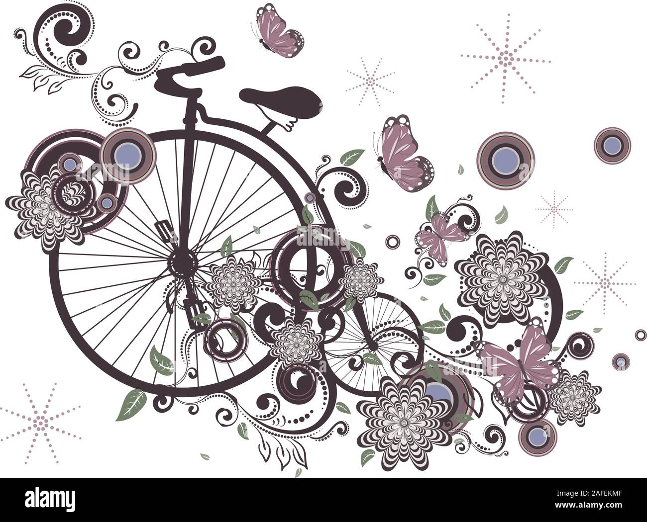 Vintage big wheel bicycle with decorative floral ornament and ...