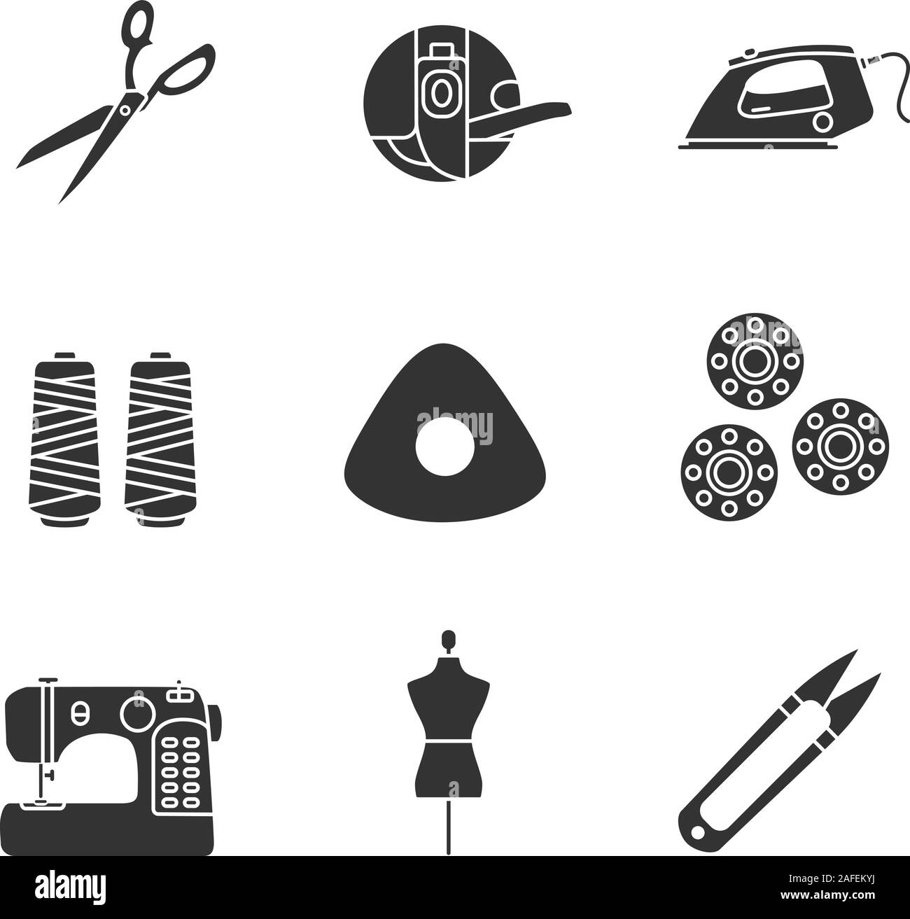 Tailoring glyph icons set. Fabric scissors, bobbin case, steam iron ...