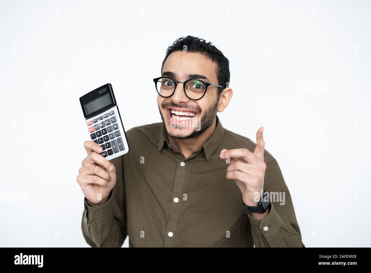 Caucasian business man calculator smiling hi-res stock photography and ...