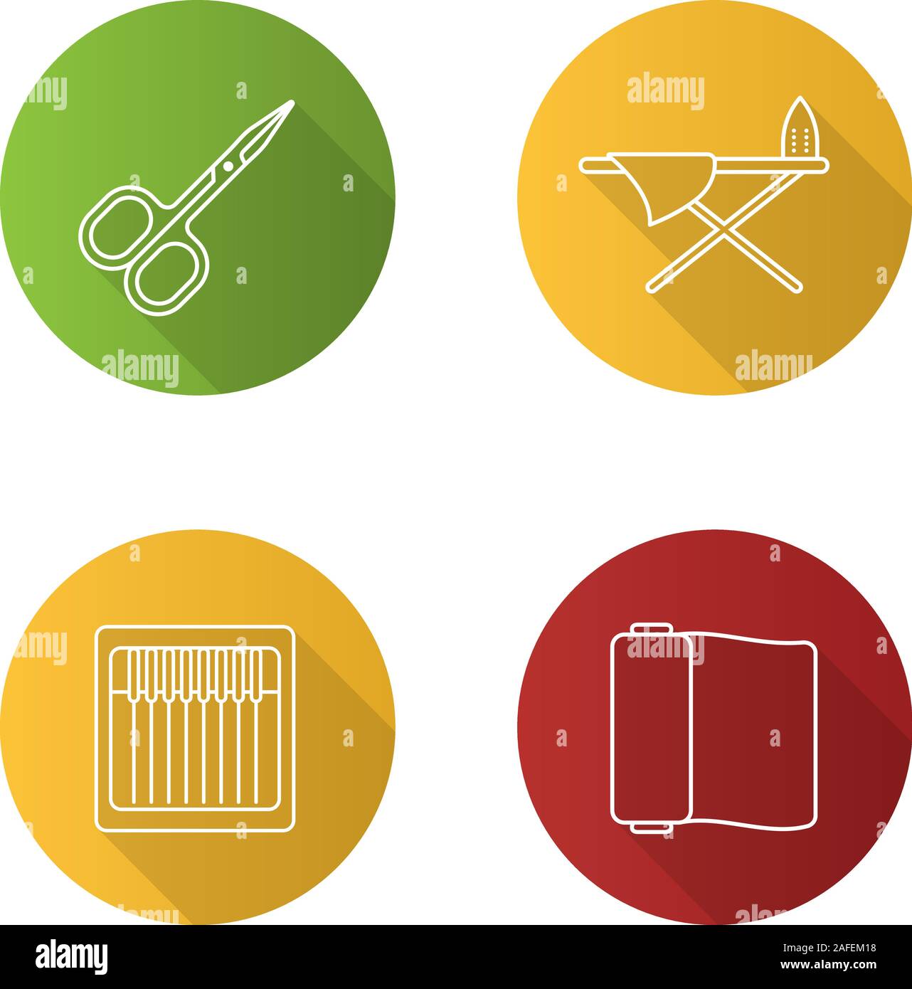 Tailoring flat linear long shadow icons set. Nail scissors, ironing ...