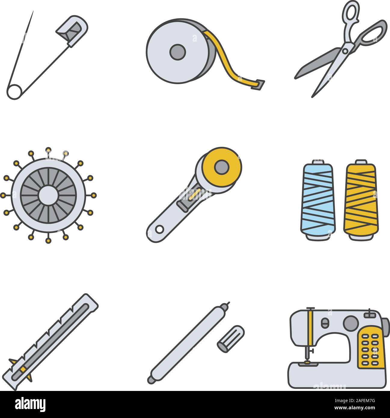 Tailoring color icons set. Safety and straight pins, measuring tape ...