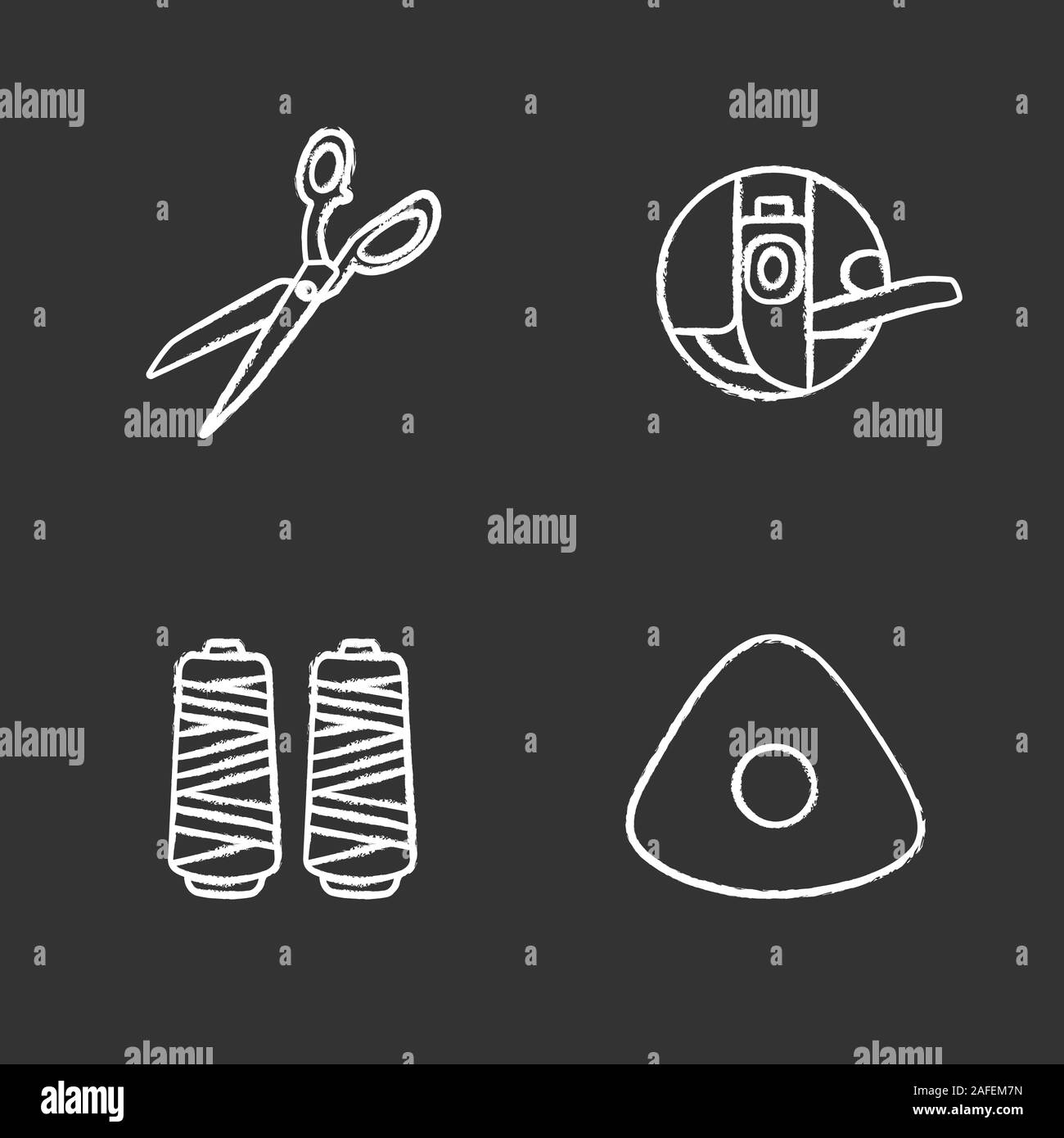 Tailoring chalk icons set. Fabric scissors, bobbin case, thread spool ...