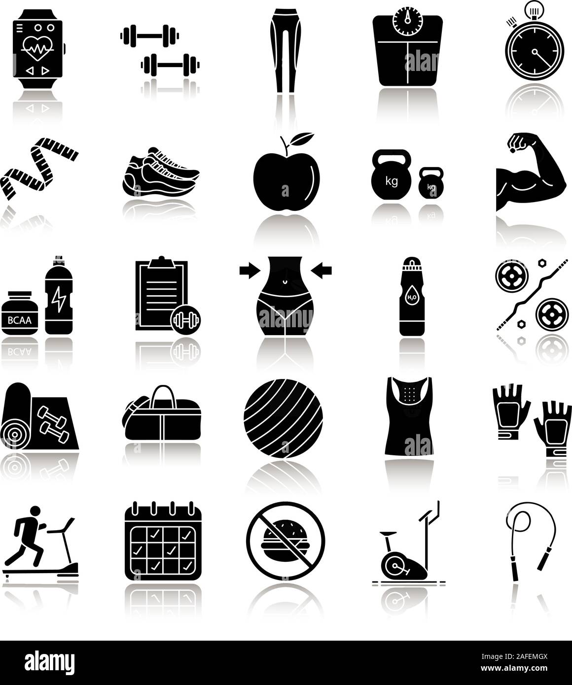 Fitness drop shadow black glyph icons set. Sports equipment. Exercise ...