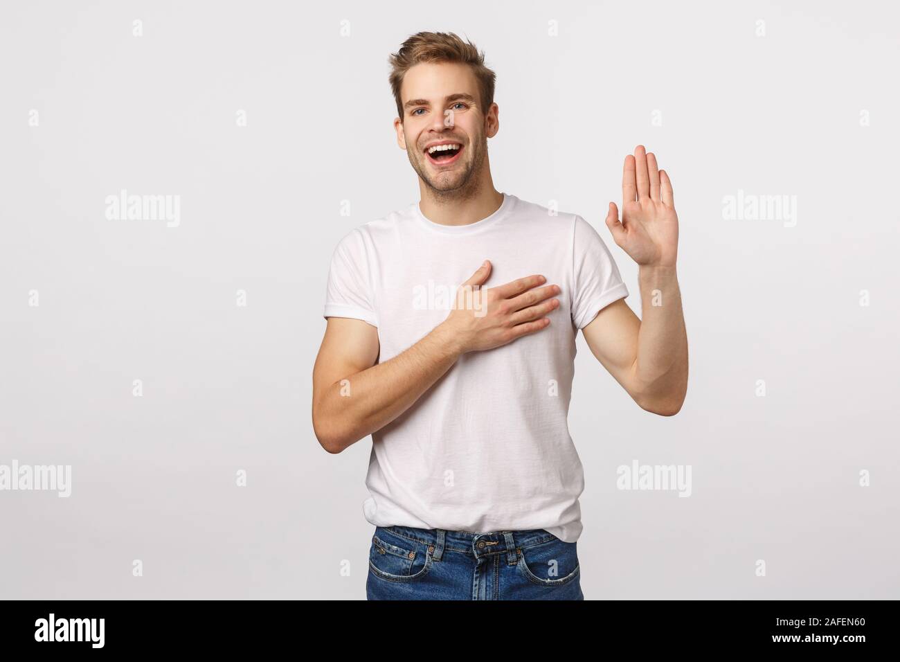 Man giving oath, swear telling truth or be honest. Happy confident and ...