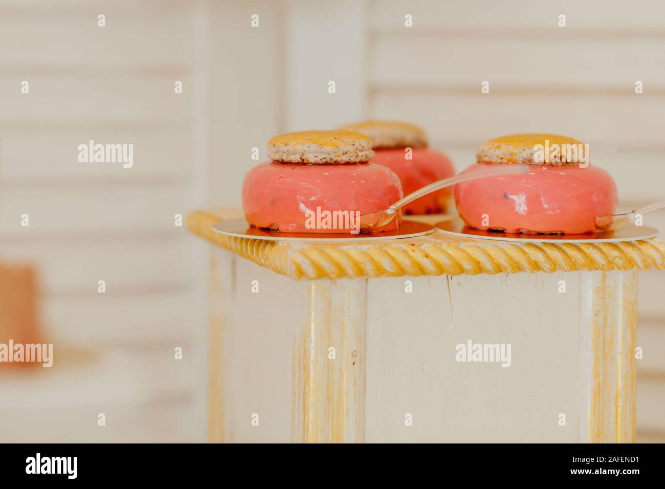 Desserts with fruits, mousse, biscuits. Different types of sweet ...