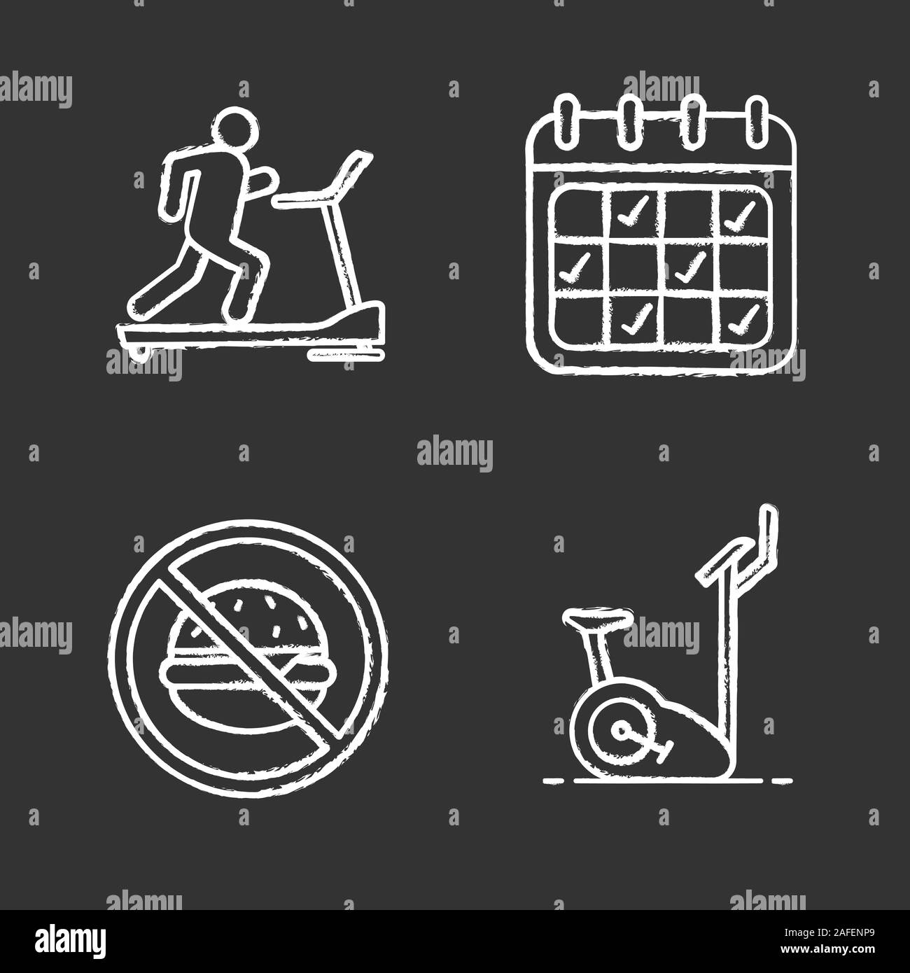 Fitness chalk icons set. Treadmill, trainings calendar, healthy ...