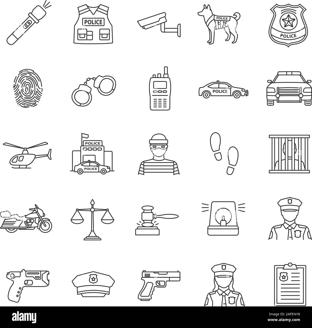 Police linear icons set. Law enforcement. Transport, protection ...