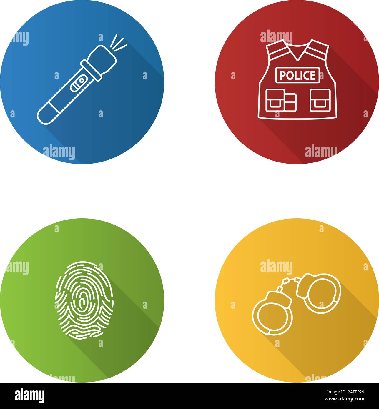 Police flat linear long shadow icons set. Flashlight, bulletproof vest ...