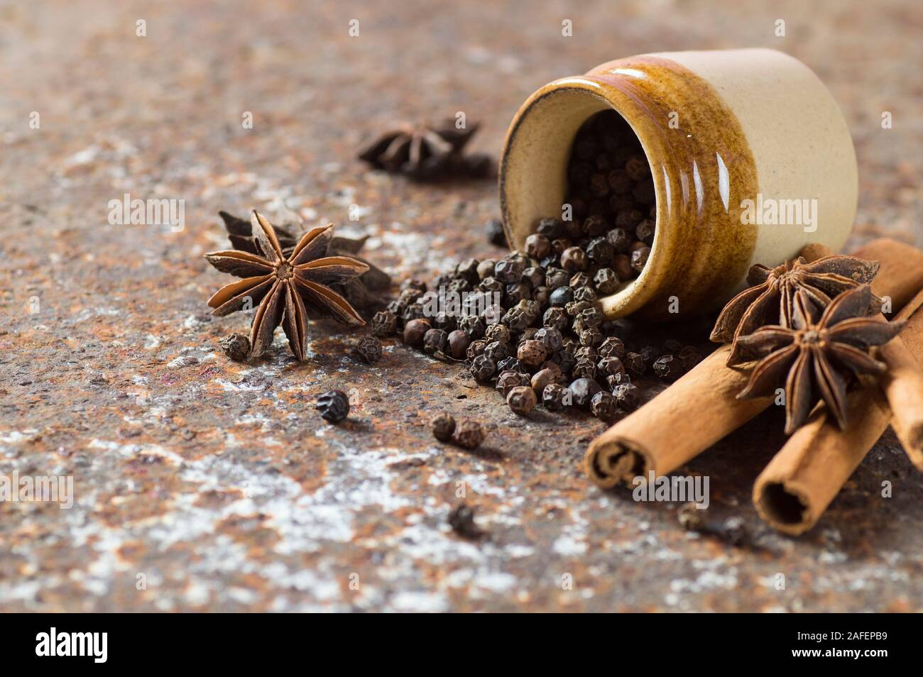 Spices and herbs. Food and cuisine ingredients. Cinnamon sticks, anise ...