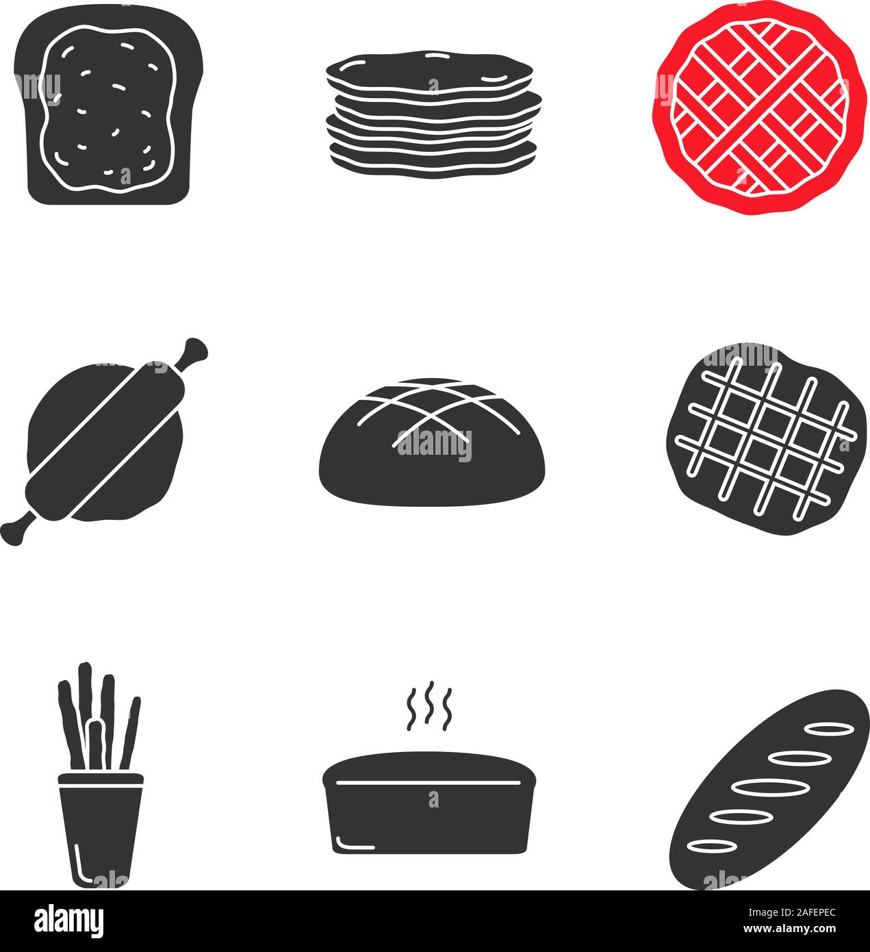 Bakery glyph icons set. Toast, pancakes, pie, rolling pin, rye bread ...