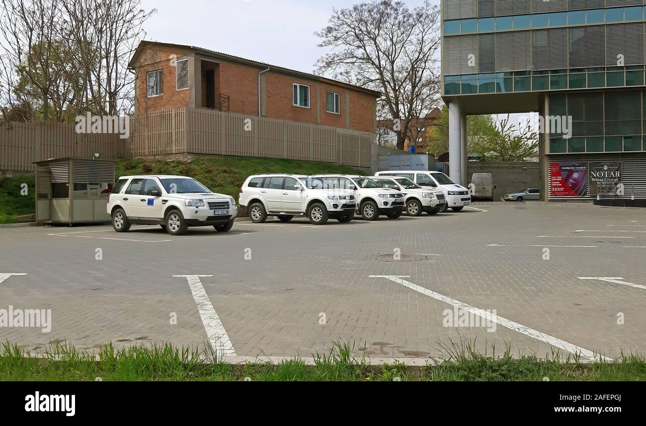 Chisinau, Moldova - April 21, 2019. Some white cars parked near the ...