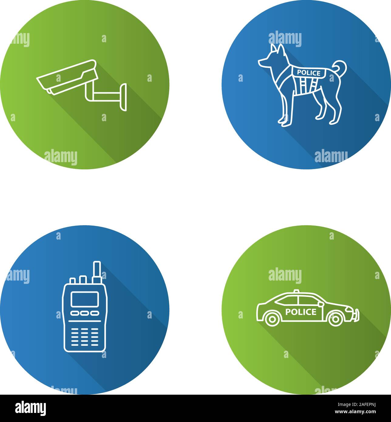 Police flat linear long shadow icons set. Surveillance camera, military ...