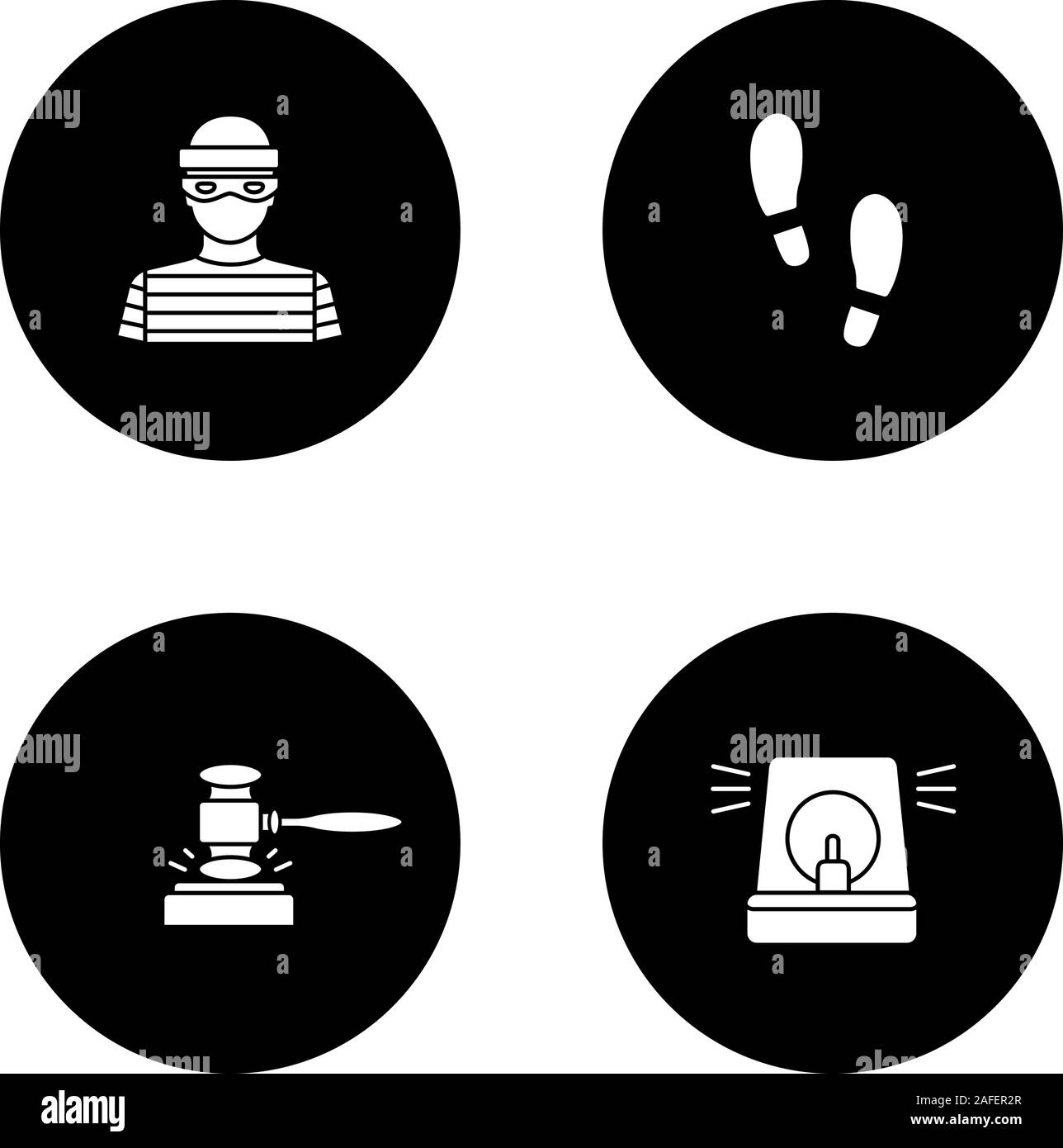 Police glyph icons set. Robber, footprints, gavel, alarm. Vector white ...