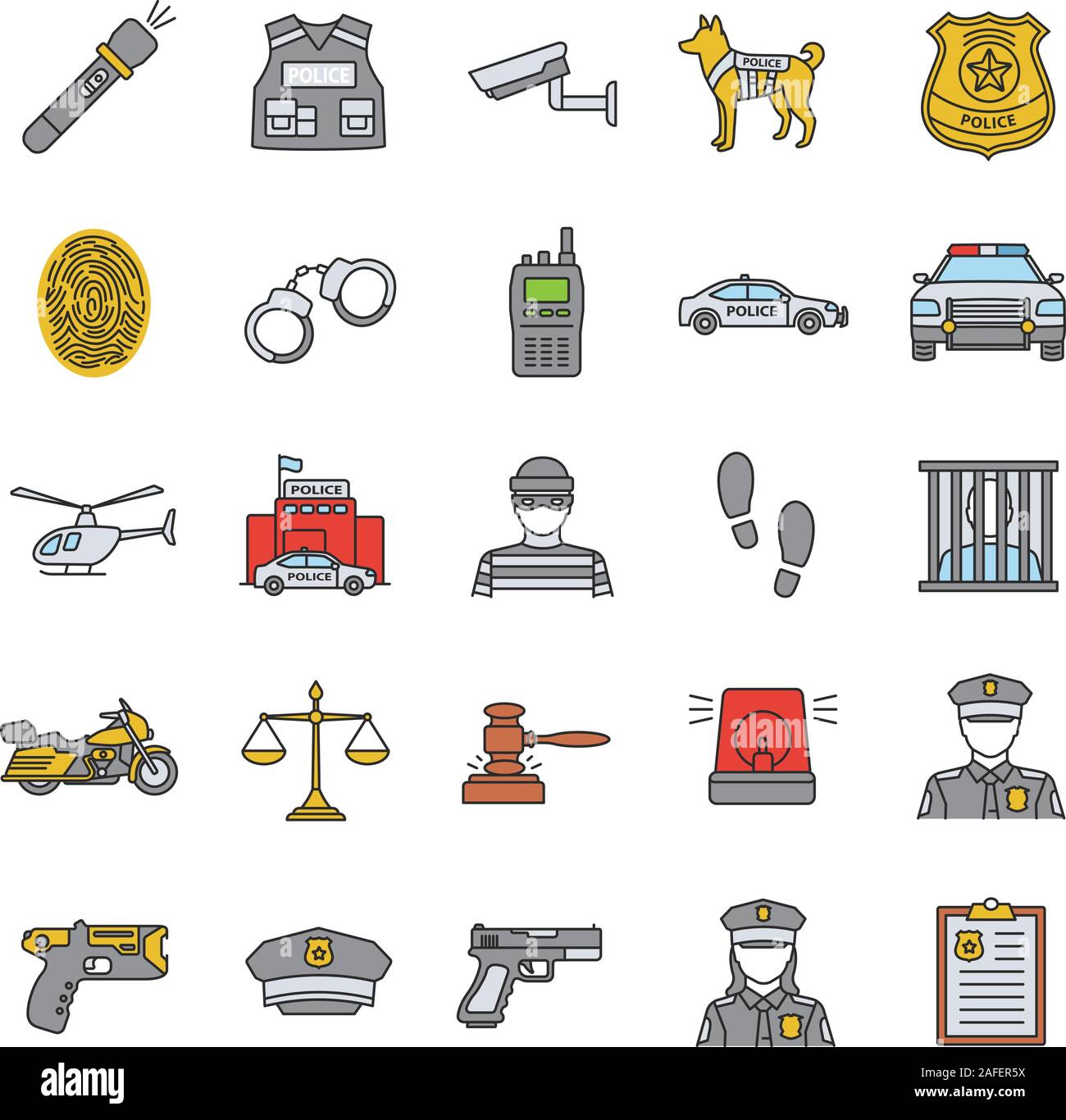 Police color icons set. Law enforcement. Transport, protection ...