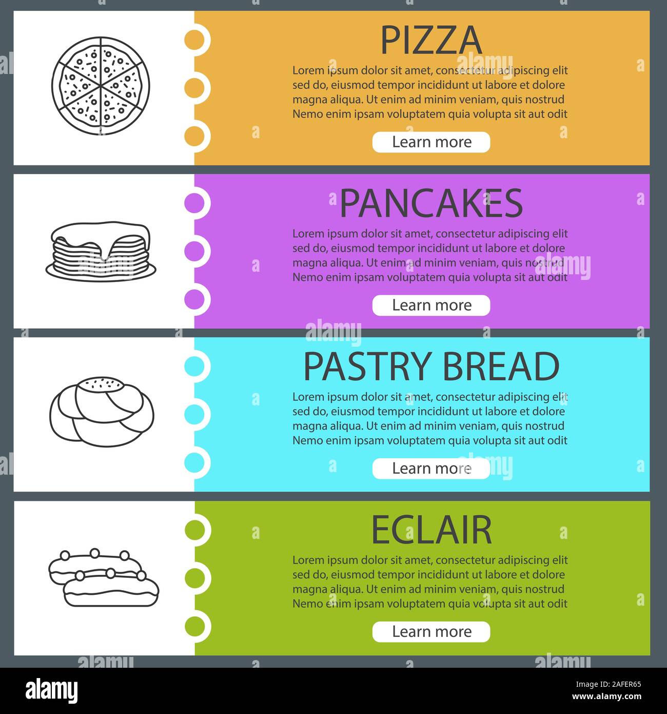 Bakery web banner templates set. Pizza, pancakes, pastry bread, eclair ...