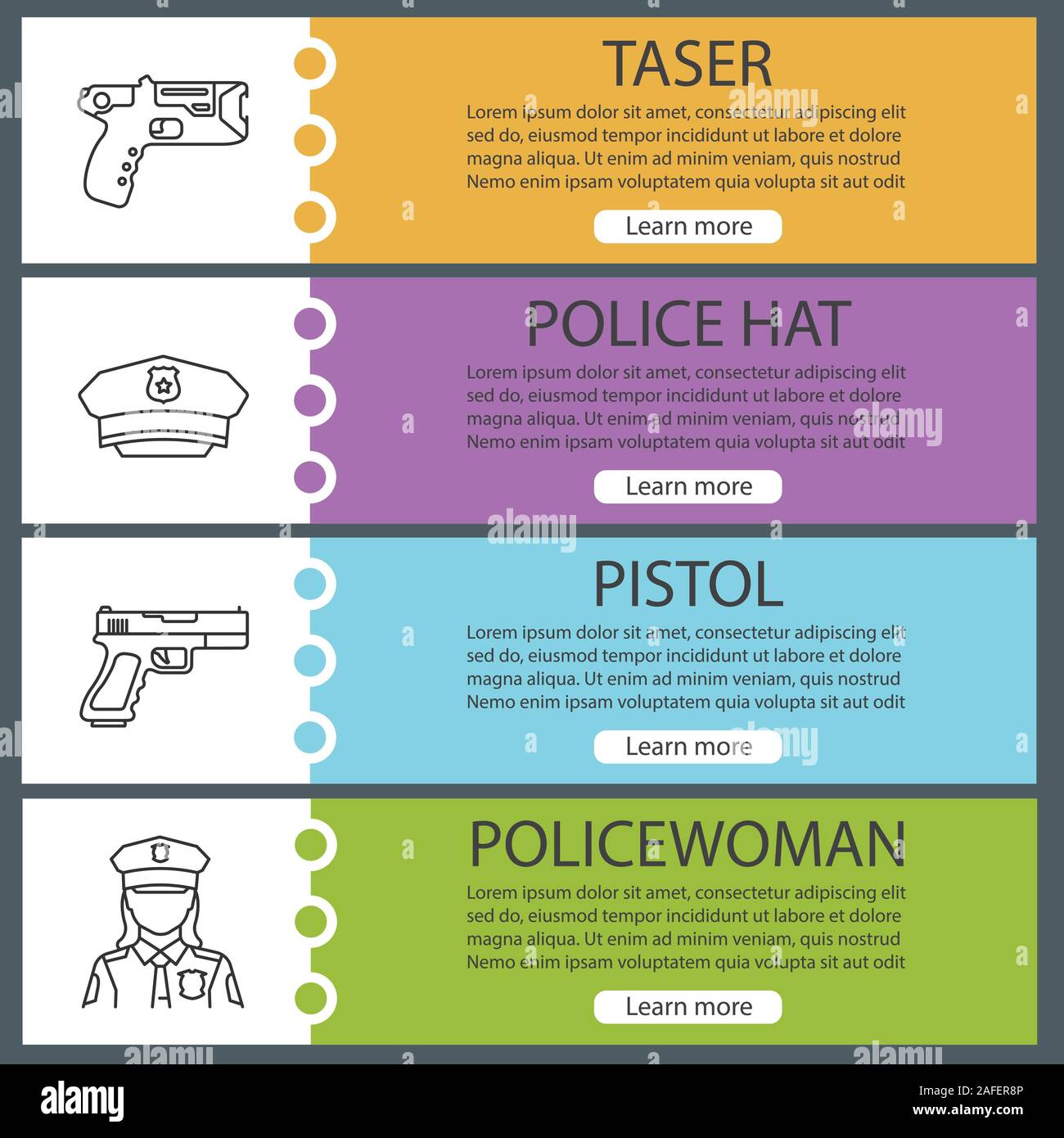 Police web banner templates set. Taser, cop hat, gun, policewoman ...